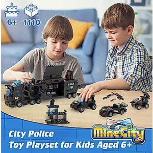 WishaLife 1100 Pieces City Police Station Building Kit, SWAT Mobile Command Center Truck Building Toy with Police Car, Airplane, Boat, Fun Roleplay Police Toys Gift for Boys Girls Aged 6-12