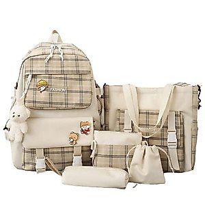 5Pcs Kawaii Canvas School Backpack Combo Set with Pear Pendant Cute Pins Tote Bag Pencil Pouch Plaid Checkered Aesthetic Laptop Schoolbag Daypack Kit Back To School (Khaki)