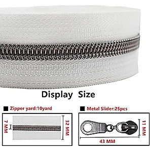 MebuZip #5 Gunmetal Metallic Nylon Coil Zippers by The Yard Bulk Coil Zipper Roll 10 Yards with 25pcs Pulls for DIY Sewing Craft Bags (White)