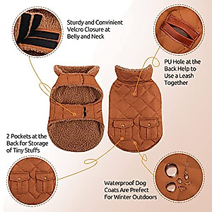 Queenmore Warm Dog Coat, Cold Weather Puffer Dog Coat, Quilting Winter Dog Jacket Ultra Thick Plush Lining with Storage Pockets (Brown, Large)