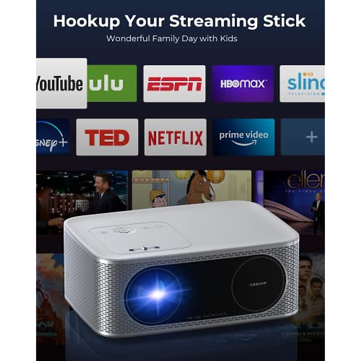 Projector with WiFi and Bluetooth, TURBOAMP 5G Native 1080P Movie Projector, 4K Supported, 300 ANSI lm 200" Display Home Movie Theater Projector, Compatible w/TV Stick/Phone/PC/PS5