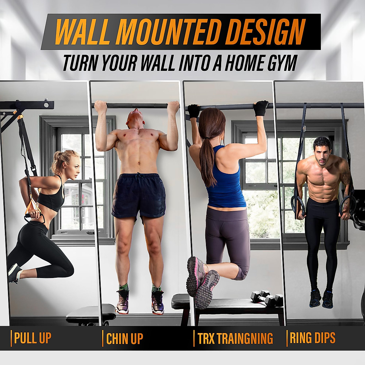 Yes4All Heavy Duty Wall Mounted Pull Up Bar – Multi-Grip Pull Ups / Pull Up Bar Ceiling Mount / Joist Mount for Home Gym