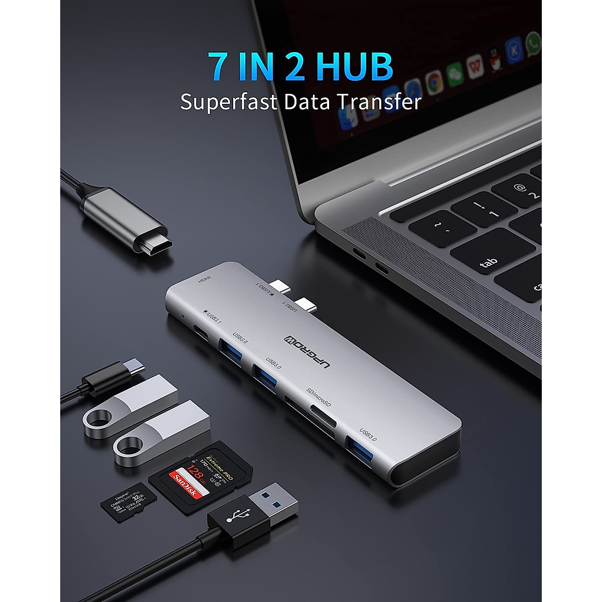 Upgrow 7-in-2 USB C Adapter with Thunderbolt 3 USB C Port, HDMI, SD, Micro SD, 3 USB 3.0 Ports for MacBook