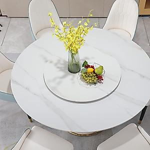 Voohek, Beige 9-Piece Modern Dining Room Set, with 8 Upholstered Chairs, Sintered Stone Table w/Round Turntable and Metal Exquisite Pedestal, Family Furniture for Home, Kitchen