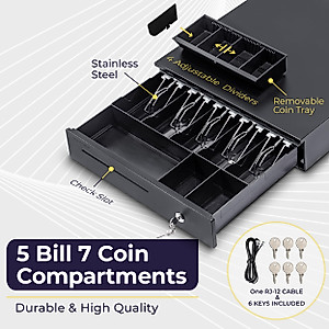 Cash Register Drawer for Point of Sale (POS) System, 5 Bill/7 Coin, 16" with Adjustable Coin Slots, 24V, RJ11/RJ12 Key-Lock, Media Slot, Black