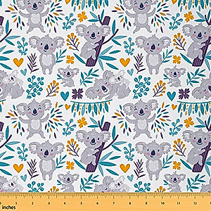 Koala Fabric by The Yard, Australia Wild Animal Upholstery Fabric, Leaf Floral Branches Botanical Decorative Fabric for Quilting Sewing Cartoon Bear Child Kawaii Fabric Gift, Gray Blue 1 Yard
