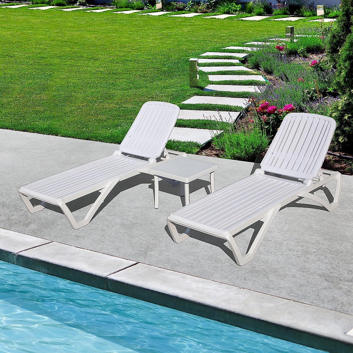 Domi Outdoor Chaise Lounge Set of 3, Pool Lounge Chairs Plastic Adjustable Recliners Tanning Lounge Chair with Table for in-Pool Sunbathing Beach Lawn Poolside, White