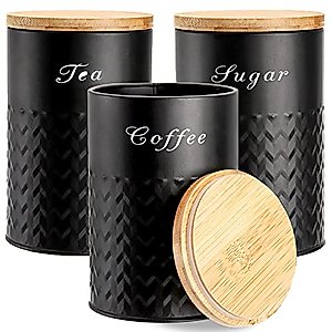 Bekith 3 Pack Kitchen Canisters with Bamboo Lids, Airtight Metal Canister Set, Food Storage Containers Jars for Coffee, Sugar, Tea, Flour, Rustic Farmhouse Kitchen Decor Containers, Black