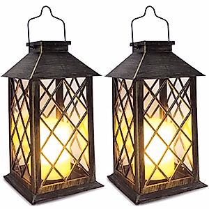 SHYMERY Solar Lantern,Outdoor Garden Hanging Lanterns,Set of 2,14 Inch Waterproof LED Flickering Flameless Candle Mission Lights for Table,Outdoor,Party Decorative
