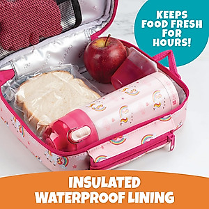 Insulated Lunch Box w Snack Pocket & Water Bottle Holder-Girls or Kids Unicorn School Lunchbox Tote Keeps Food Hotter or Colder Longer- Reusable Bag Fits Most Bento Boxes, Ice Packs- Back to School
