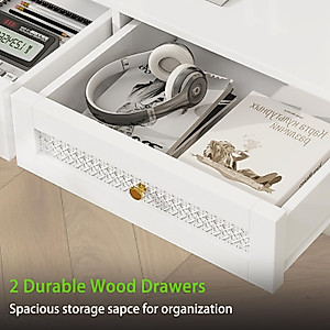 LTMEUTY White Desk with Drawers for Bedroom, 40 Inch Small Computer Desk with Storage, Modern Vanity Desk for Small Spaces, Rattan Study Writing Table for Home Office