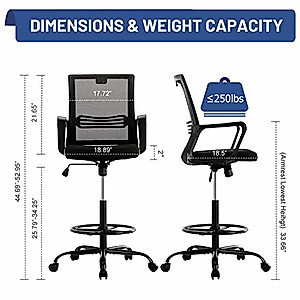 Tall Office Chair, Drafting Chair, Counter Height Office Chairs, High Adjustable Standing Desk Chair, Ergonomic Mesh Computer Task Chair with Armrests and Adjustable Foot-Ring for Bar Height Desk