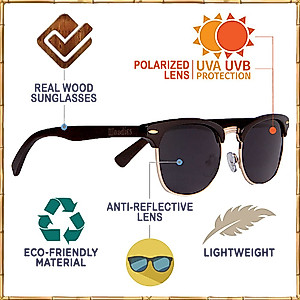 Woodies Wood Semi Rimless Sunglasses Polarized Black Lenses for Men & Women - Beach Ebony Wooden Frame - 100% UVA UVB Ray Protection