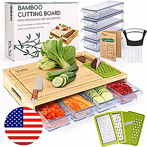 YANs Bamboo Cutting Board with Containers for Easy Meal Prep - Full Chopping Board Set with Extra Large Storage - Durable Wood Cutting Board Organizer incl Juice Groove to Keep Your Kitchen Tidy - Set