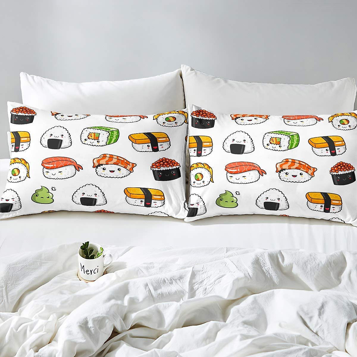 Sushi Pattern Bedding Set Twin Size Cute Bed Set for Girls Teens Bedroom Decor Kids Cartoon Japanese Style Fitted Sheet Soft Microfiber Kawaii Bed Cover (1 Fitted Sheet + 1 Pillow Case)