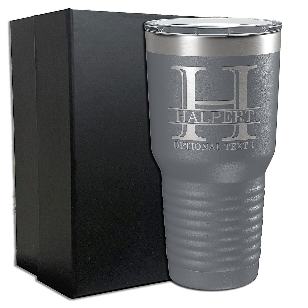 Personalized 30oz (17 Colors) Powder Coated Insulated Stainless Steel Tumbler with Lid, Custom Etched, Customized Engraved Gift Idea for Women Men Her Him, Halpert Monogram Initial Name (Gray)