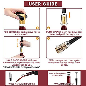 Wine Bottle Opener Set, 4 in 1 Air Pressure Pump Red Wine Opener Kit Manual Needle Cork Remover Set Including Wine Foil Cutter, Wine Pourer and Vacuum Stopper Perfect Wine Gifts Set for Wine Lovers