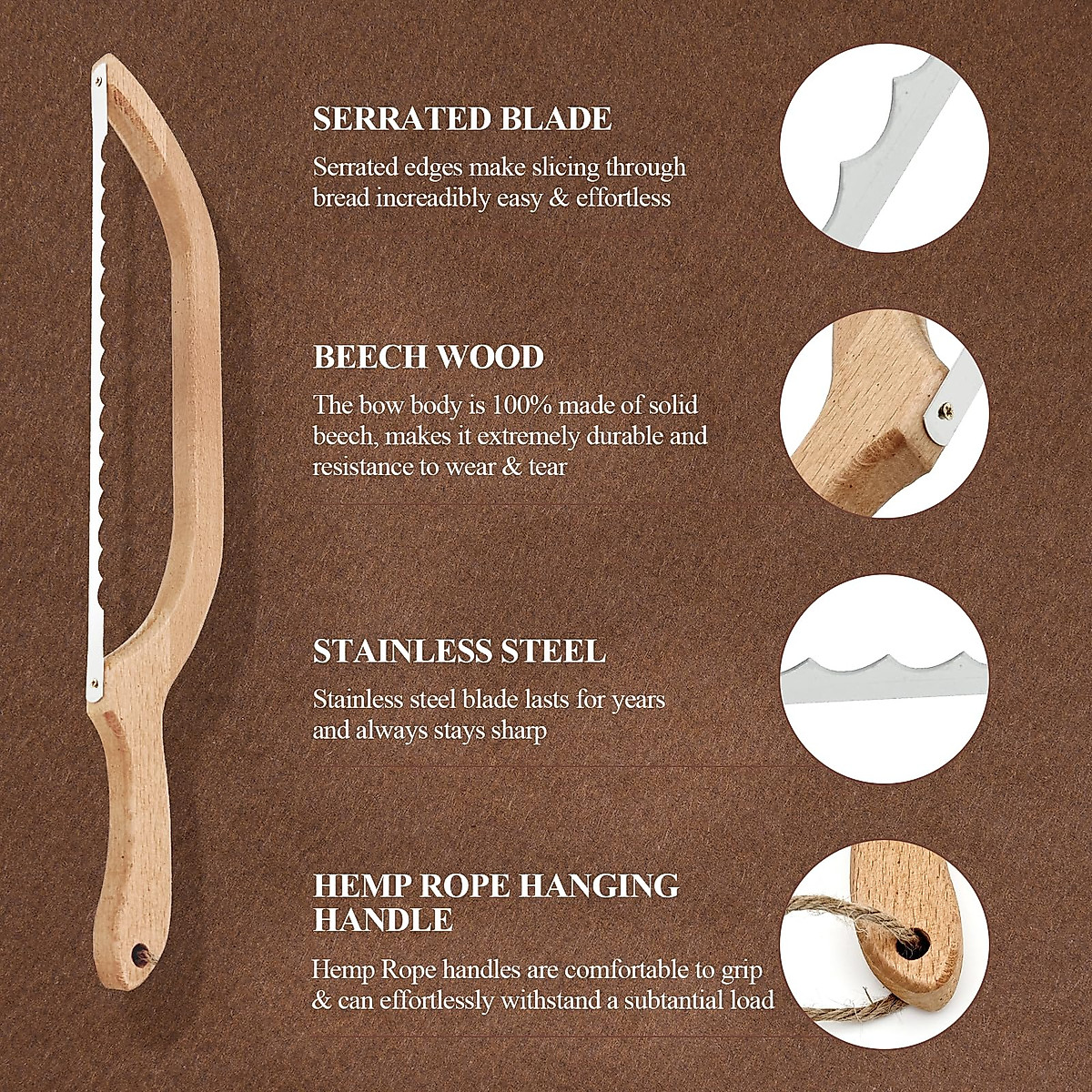 Urnseh Bread Knife, Wooden Bread Bow Knife for Homemade Bread,16" Serrated Sourdough Cutter Fiddle Bow Bread Slicer Knife for Bagels,Baguettes and More,Right Handed