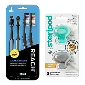 Steripod Reach Oral Care Essentials Bundle, 6 Toothbrushes with 2 Essential Oil Orange Scented Toothbrush Covers