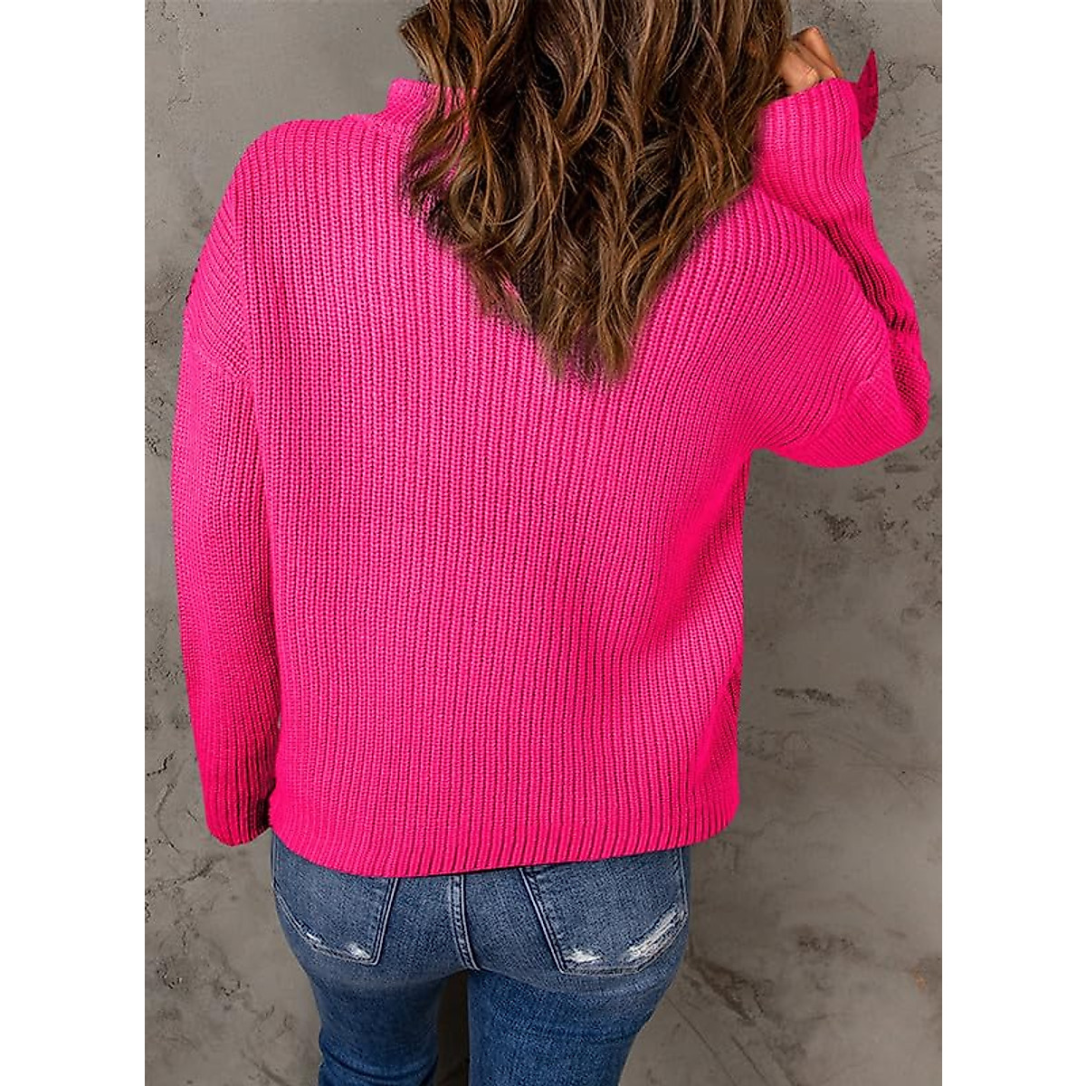 Dokotoo Sweaters for Women Waffle Knit Long Sleeve Quarter Zip Pullover for Women Business Casual Fall Fashion Tops Winter Trendy Aestheic Teathcer Clothes V Neck Oversized Hot Pink Sweater Medium