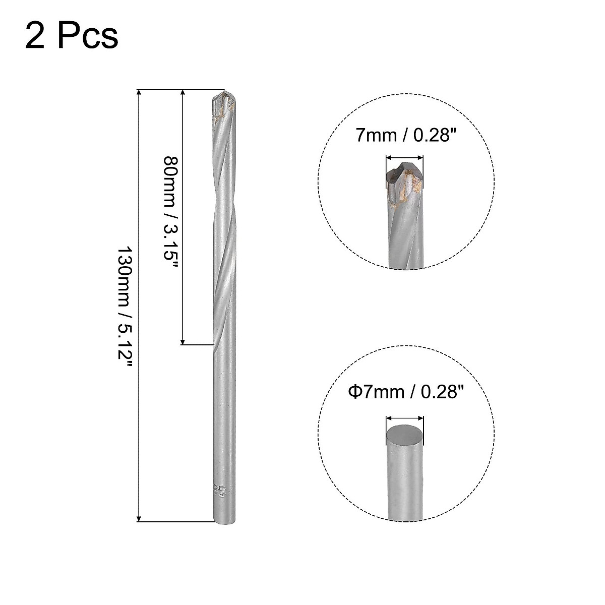 uxcell 7mm Cutting Dia Cemented Carbide Twist Extra Long Drill Bit with Round Straight Shank for Hardened Steel Stainless Steel, 130mm Length 2 Pcs