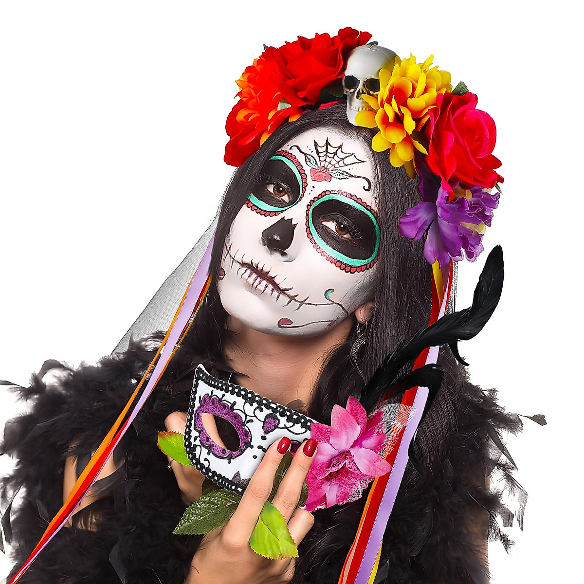 Lyrow 2 Pcs Halloween Flower Accessories Day of The Dead Accessories Mexican Floral Headband and Halloween Masquerade Eye Mask Halloween Rose Flower Headband Halloween Costumes for Women Girls