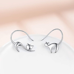 Cat Dangle Earrings 925 Sterling Silver Pull Through Animal Cat Hoop Earrings for Women Grils Christmas Gifts
