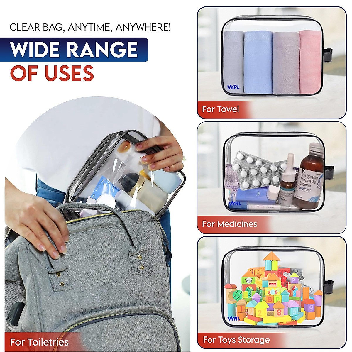 VYRL 2 Pack Clear Makeup Bag - Quart Size 3-1-1 TSA Approved Toiletry Bag with Zipper - Water-Resistant Durable PVC Clear Toiletry pouches for Carry-on Airport Travel Accessories - Black