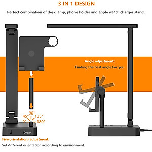 Drevet 3 in 1 LED Desk Table Lamp with Cell Phone Holder and Apple Watch Charger Stand, Eye-Caring Foldable Desk Light with USB Charging Port, 3 Level Brightness, Memory Function, Touch Control, Black