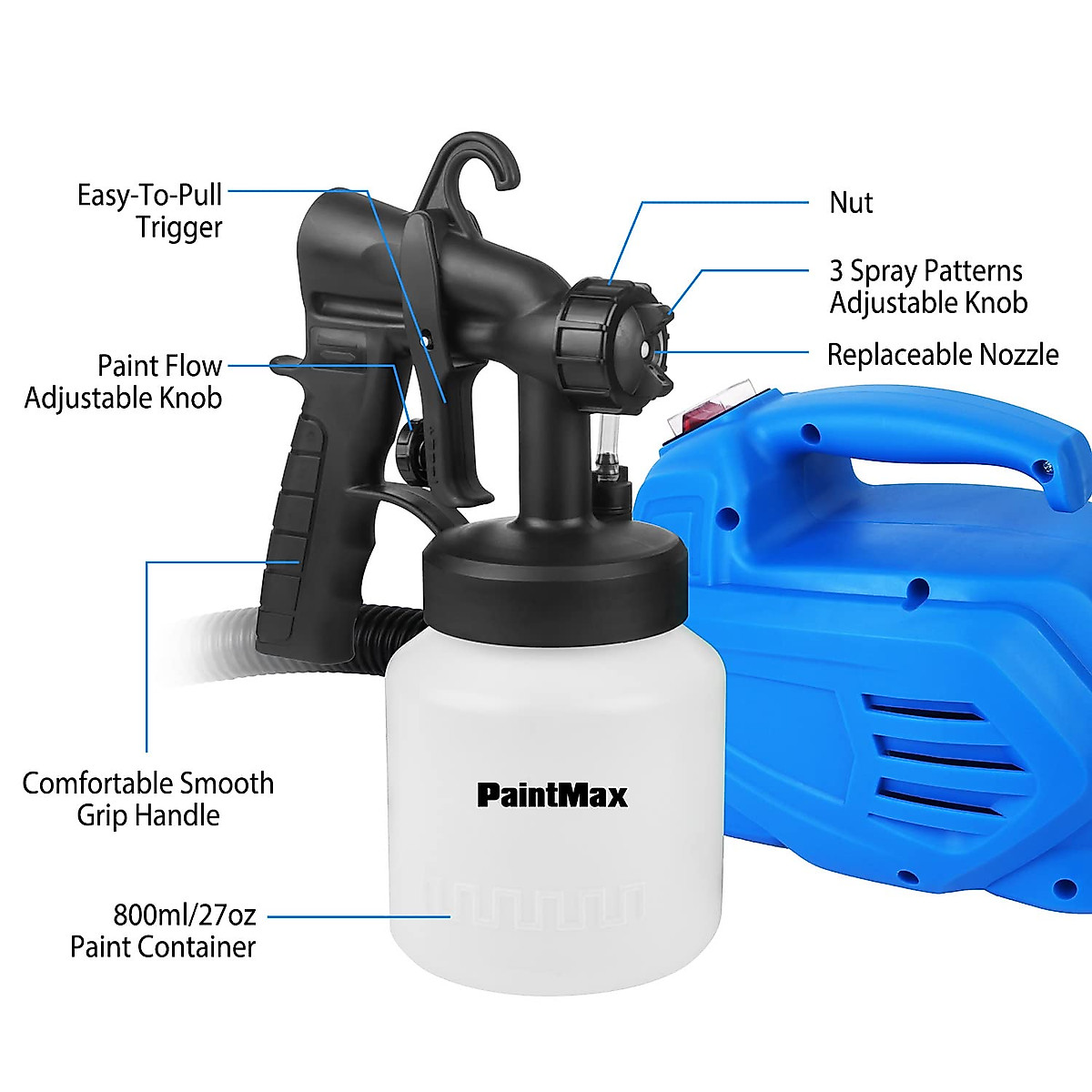 Moclever® Paint Sprayer, 800ml/min New Upgrade HVLP Electric Paint Gun with 3 Spray Patterns, Easy Spraying and Cleaning for Power Paint Sprayer,Adjustable Valve Knob, Quick Refill Lid Detachable Cont