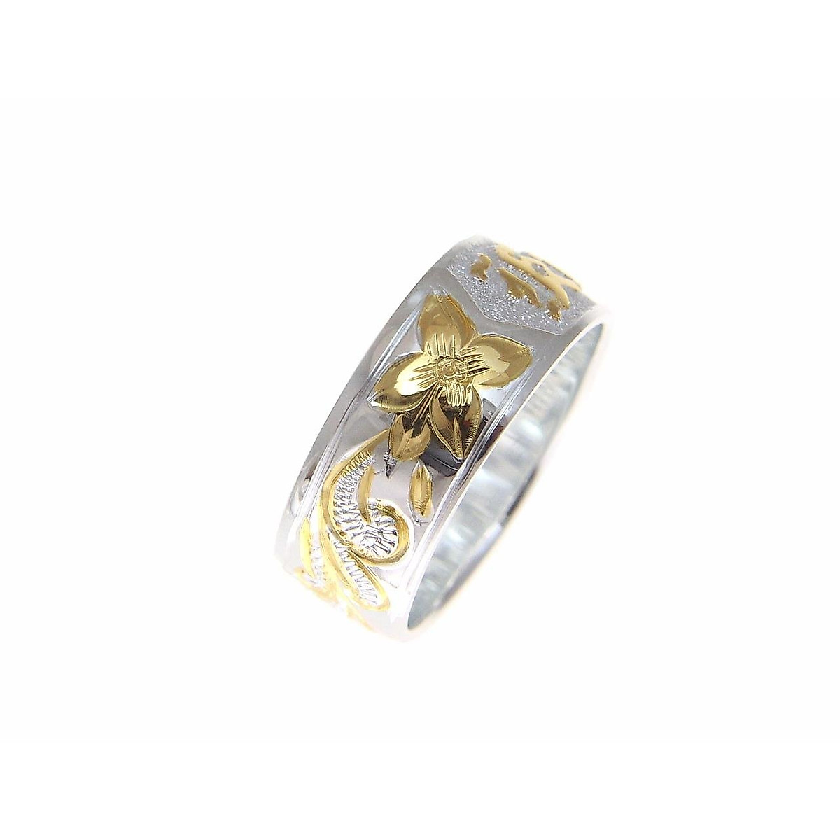 Arthur's Jewelry 925 sterling silver Hawaiian plumeria flower scroll yellow gold plated kuuipo band ring smooth edge size 8.5