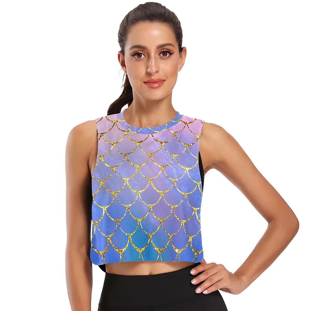 Mermaid Fish Scales Workout Tops for Women Sports Shirts Sleeveless Tank Top Loose Fit Tops for Yoga Gym