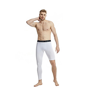 Men's Basketball Single Leg Tight Sports Pants 1/2 One Leg Compression Pants Athletic Base Layer Underwear (Small,White-1)