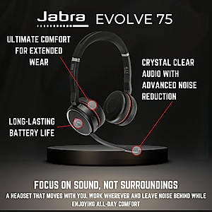 Jabra Evolve 75 Bluetooth Headset Bundle, Wall Charger, USB Dongle 7599-832-109-B, Pc, Mac, Compatible for Dragon, Softphones, Mobile, Tablet, Microsoft Certified, Skype, Cisco, Avaya