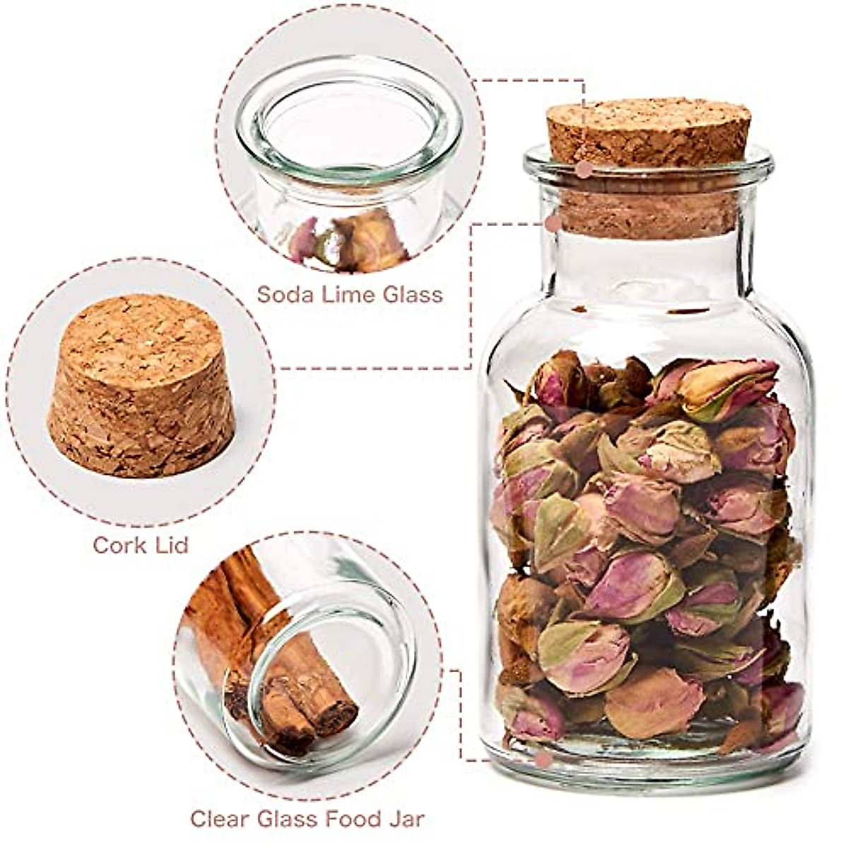 EZOWare 20pc Spice Jars, 5oz Bottle Clear Glass Canister Set with Cork Lid, Round Decorative Reusable Vial Storage Containers for Herbs, Teas, Seasonings, Party Favors, Candy (150ml)