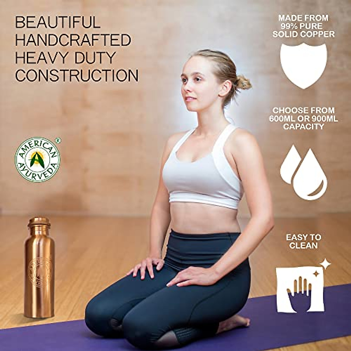 A American Ayurveda 100% Pure Copper Water Bottles Joint Free, Leak Proof, Tumbler, Flask, Yoga, Health Benefits, Natural Ayurvedic Alkaline Water with Water Temperature Indicator (600ml (20Oz))