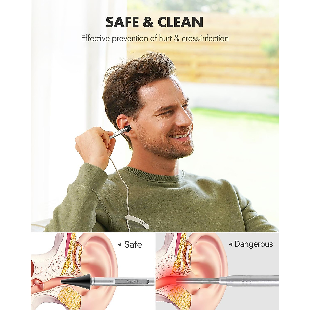 Anykit Ear Wax Removal Tool, Ultra Clear View Ear Scope with LED Lights for Ear Cleaning, Ear Cleaner Camera Otoscope with Ear Spoon & Specula for Phone & Tablet