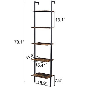 Tajsoon Industrial Bookcase, Ladder Shelf, 5-Tier Wood Wall Mounted Bookshelf with Stable Metal Frame, Open Display Rack, Storage Shelves for Bedroom,Home Office,Collection,Plant Flower, Rustic Brown