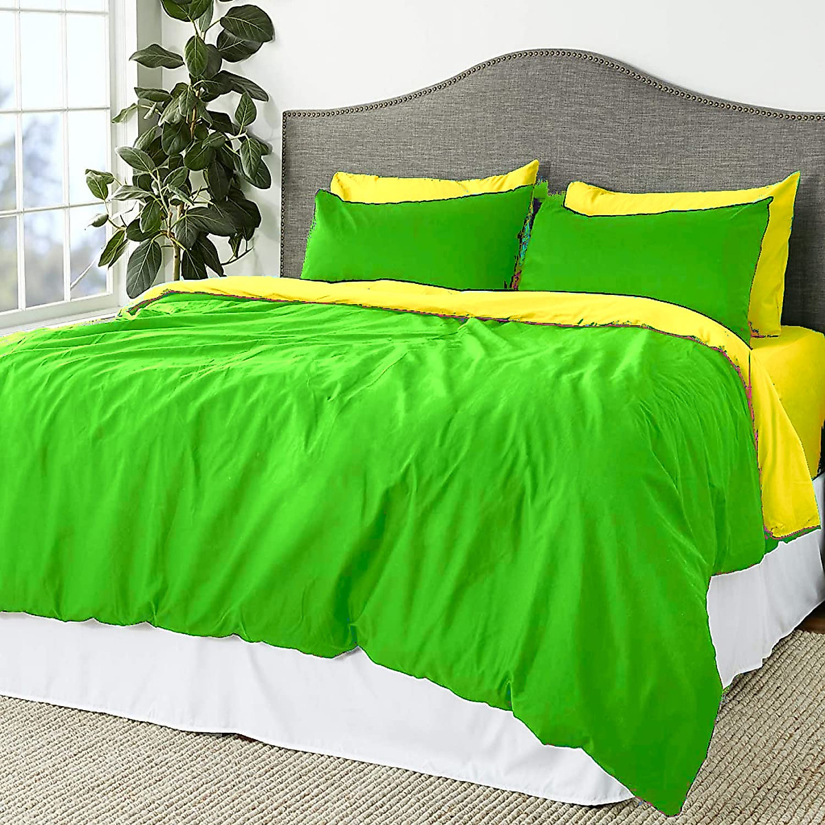 Tache 6 PC Cotton Reversible Solid Yellow & Green Lemon Lime Duvet Cover Set, Cal King