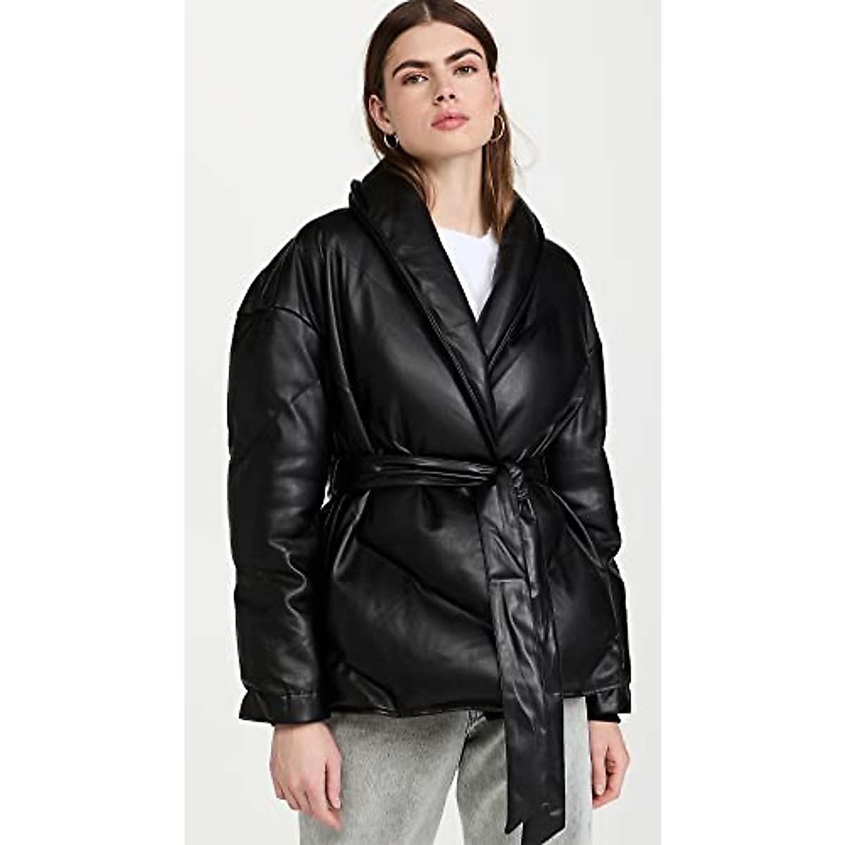 [BLANKNYC] womens Black Vegan Leather Puffer Belted Jacket, The Love Doctor, Small US