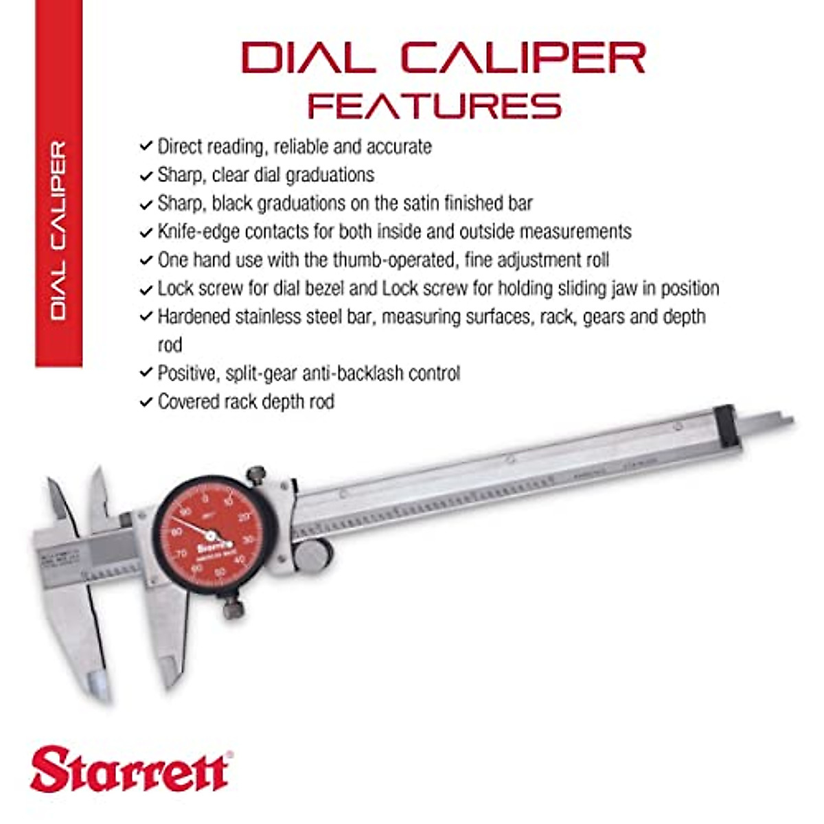 Starrett Starrett 120 Series Stainless Steel Dial Caliper with Lock Screw and Fitted Plastic Case - Red Face, 0-6" Range, 001" Graduations, .001" Accuracy - R120A-6