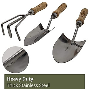 Classic 3 Piece Garden Hand Tool Set Made with Wooden Handle and Stainless Steel. Includes Large Trowel, Cultivator Hand rake, and Transplanter Trowel. Tools are Large and Heavy Duty. by Truly Garden