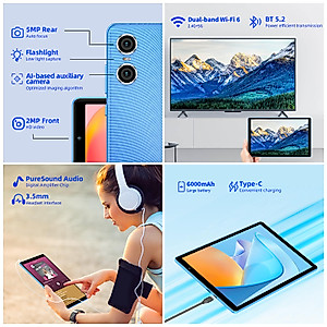 TECLAST 10 Inch Android 13 Tablet, P26T Tablets 8GB RAM+128GB ROM 1TB TF, WiFi 5G/2.4G, Octa core, 1280 * 800 HD Touch Screen, BT 5.2, Google GMS, 6000mAh, Dual Camera, OTG, Type C, with Case