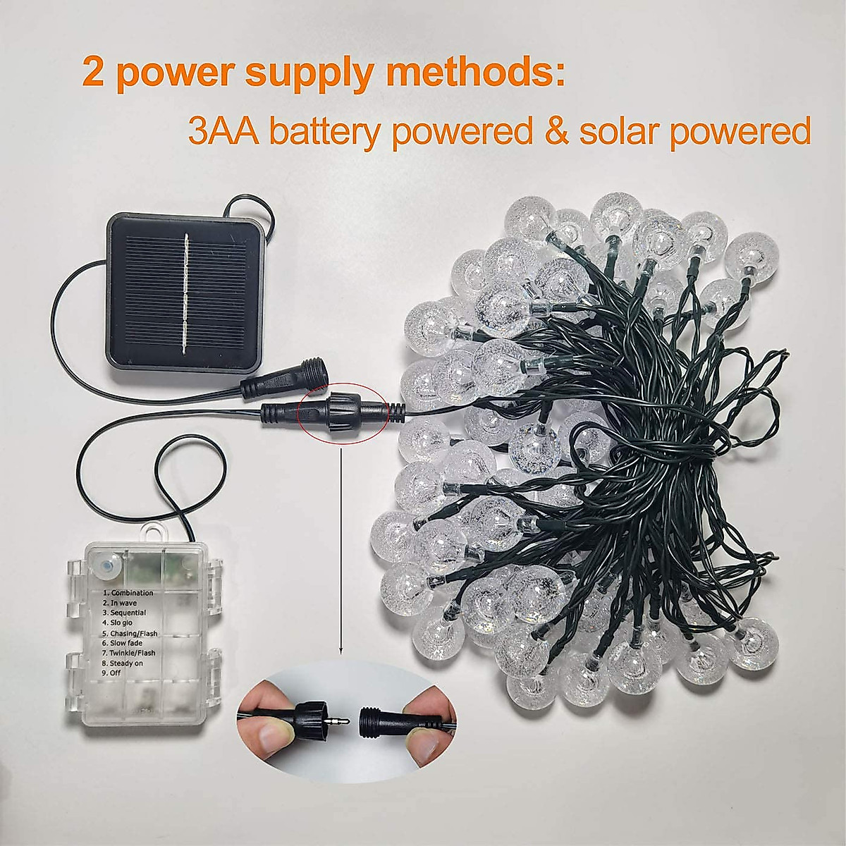 Solar & Battery Operated String Lights Outdoor LED Waterproof Decorative Lights with Remote, 8 Lighting Modes Crystal Globe Lights for Indoor Bedroom Garden Patio Decor, 60LED, 35.6FT, Warm White