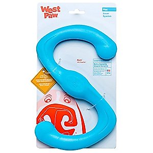 West Paw Zogoflex Bumi Dog Tug Toy – S-Shaped, Lightweight Chew Toys for Fetch, Play, Pet Exercise – Tug of War Soft Flinging Squishy Chewy Toy for Dogs – Guaranteed, Latex-Free, Large 9.5", Aqua Blue