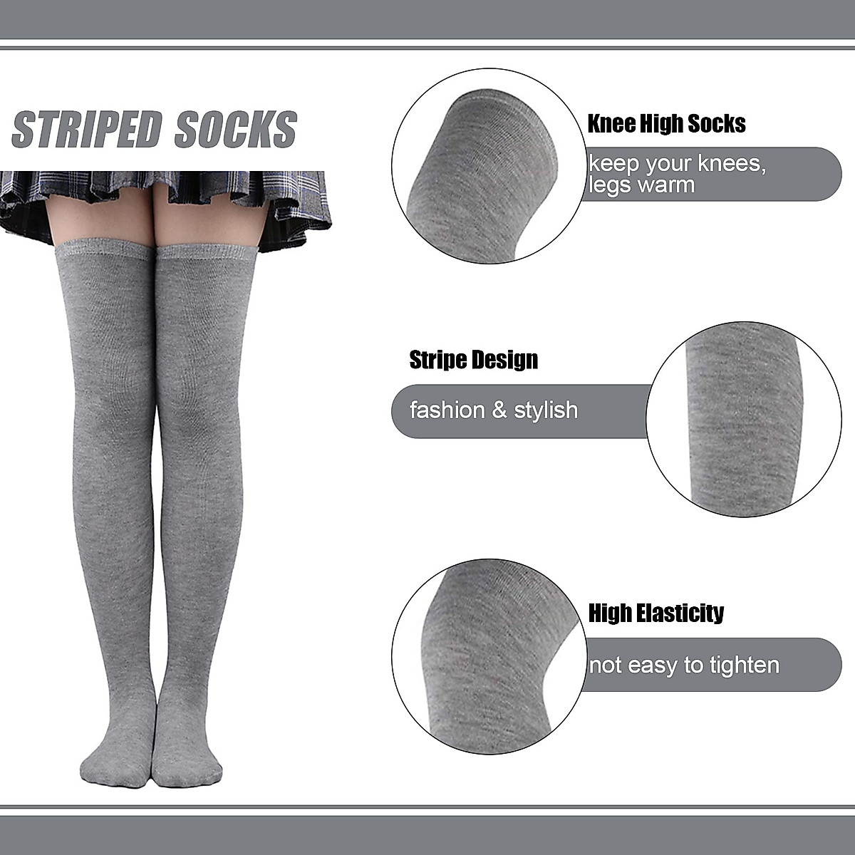 Barrlves 4 Sets Womens Striped Knee High Socks Long Knit Arm Warmers Fingerless Gloves for Halloween Costume (4sets Solid Black+White+DeepGrey+Grey)