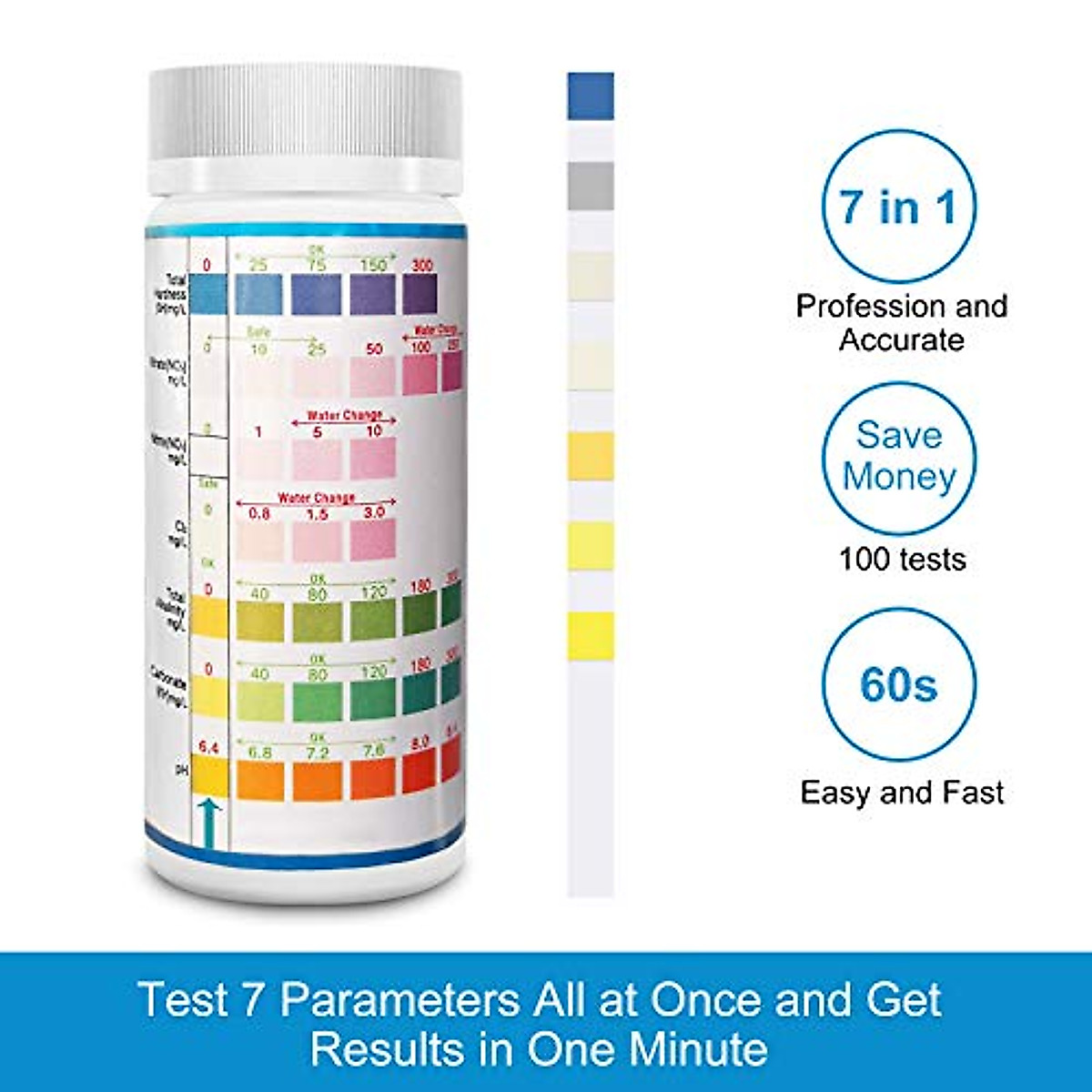7 in 1 Aquarium Test Strips, Fish Tank Test Kit,Freshwater Saltwater Aquarium Water Test Kit to Detect pH Nitrite Nitrate Chlorine Carbonate Hardness (GH & KH)-100 Strips