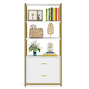 Tribesigns Bookcase, 4-Tier Bookshelf with 2 Drawers, Etagere Standard Book Shelves Display Shelf for Home Office (Gold/White)