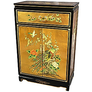 Oriental Furniture 36" Gold Leaf Shoe Cabinet - Birds and Flowers