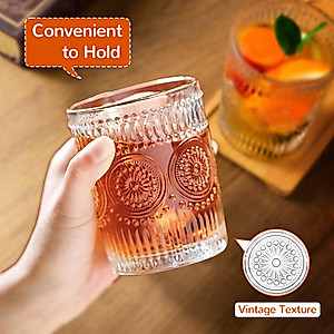 Lvtrupc 10Pcs Vintage Drinking Glasses - Romantic Highball Glasses & Rocks Glasses, Striped Glass Tumbler Cups for Water Coffee Juice Cocktail, Luxurious Floral Embossed Clear Glassware Set